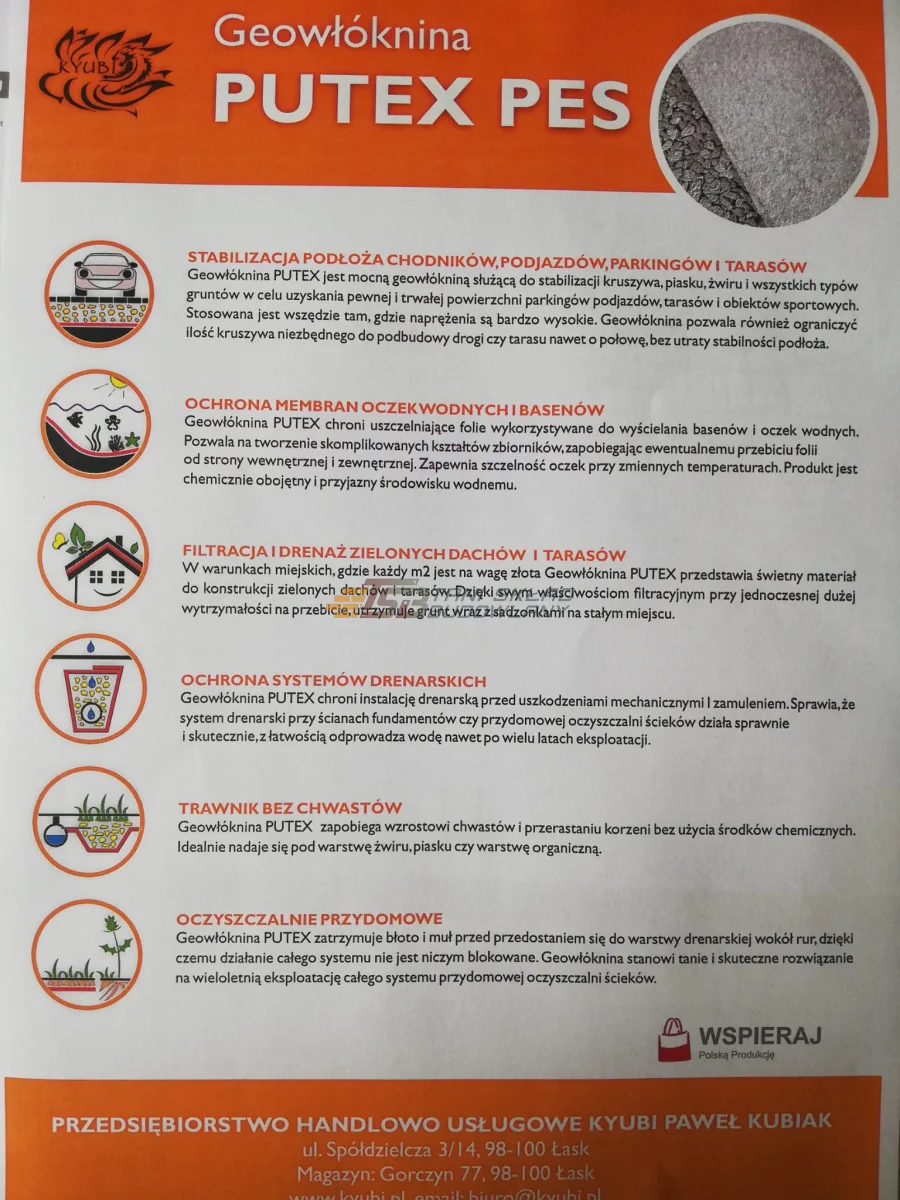 Geowłóknina PUTEX PES200 (1m x 50m), w ofercie również o szerokości 2m ...